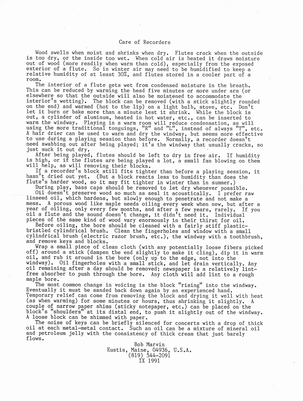 «Cuidado y mantenimiento de las flautas», por Bob Marvin | Vicente Parrilla